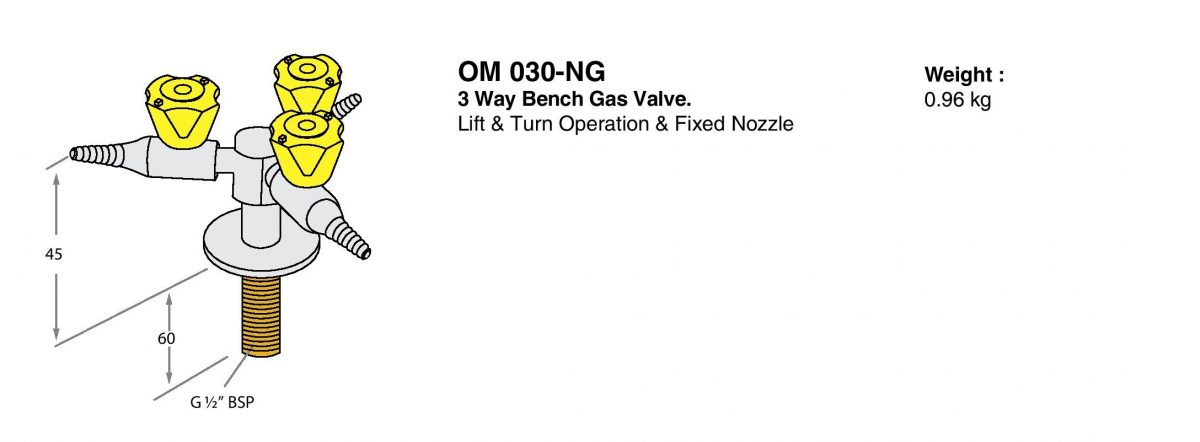 Safety Lift & Turn Gas Taps - 3 Way Bench Gas Valve - METHOD