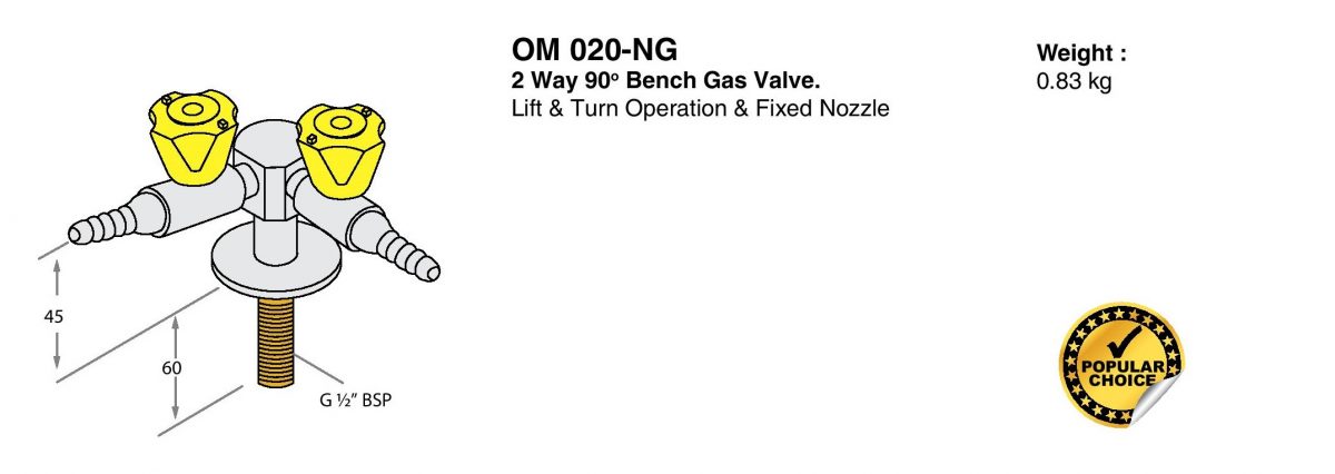 Safety Lift & Turn Gas Taps - 2 Way 90º Bench Gas Valve - METHOD