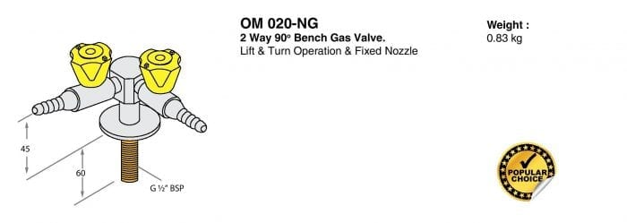 Safety Lift & Turn Gas Taps - 2 Way 90º Bench Gas Valve - METHOD