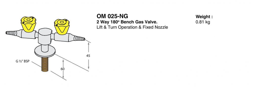 Safety Lift & Turn Gas Taps - 2 Way 180º Bench Gas Valve - METHOD