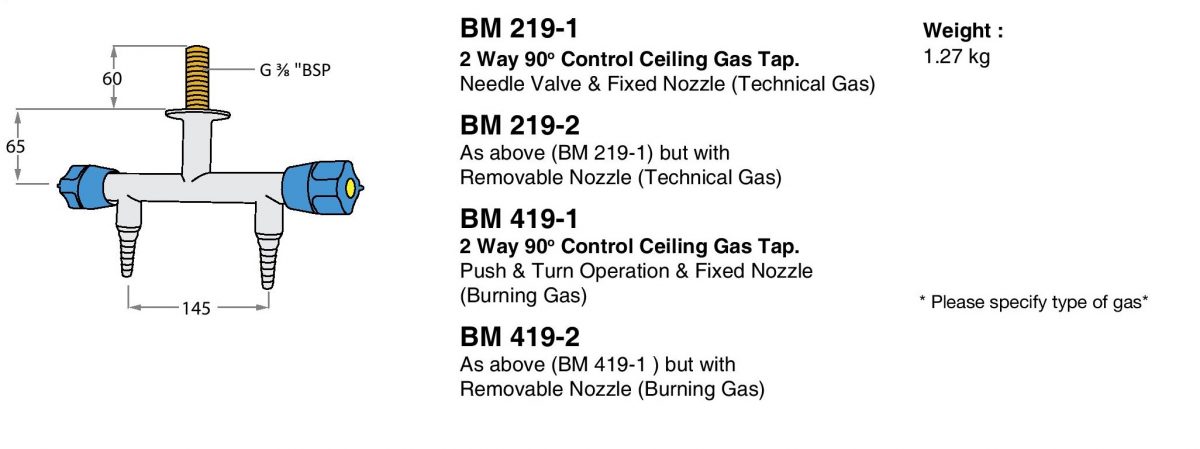 Ceiling Mounted Gas Taps - 2 Way 90° Control Ceiling Gas Tap - METHOD